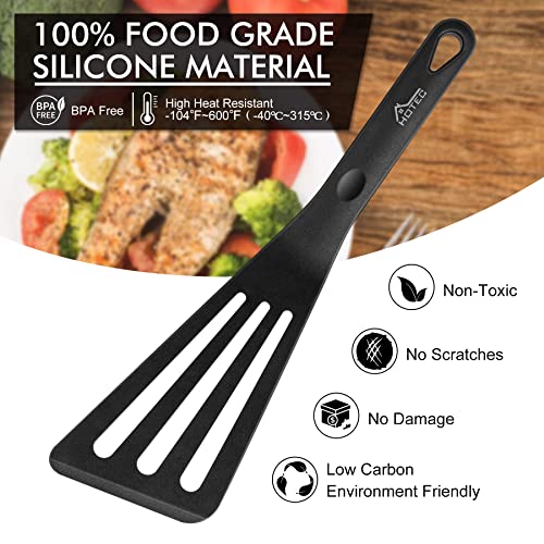 HOTEC Heat Resistant Silicone Slotted Fish Turner Spatula Set Flipper Spatulas for Cooking Non Stick Cookware Strong Dishwasher Safe Black