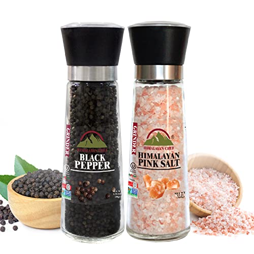 Himalayan Chef Pink Salt and Pepper Grinder Set of 2 - Adjustable Ceramic Himalayan Salt Grinder & Pepper Grinder - Tall Glass Salt and Pepper Shakers - Pepper Mill & Salt Mill, Large (5351AX2)