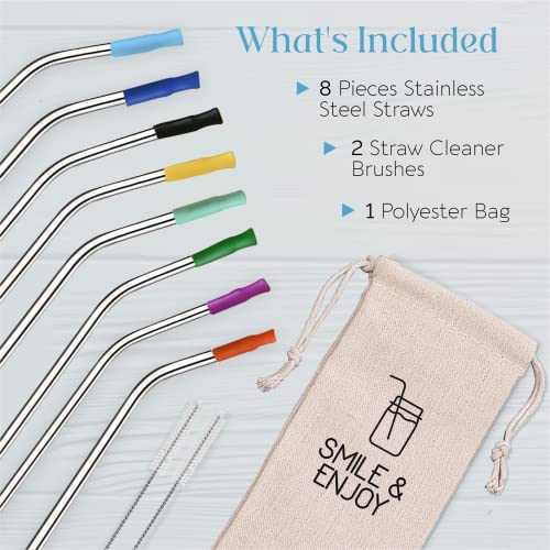 8-Pack Reusable Stainless Steel Straws with Colored & Black Silicone Tips, Straw Cleaner Brush and Polyester Bag, Reusable Straws for Tumblers & Mason Jars