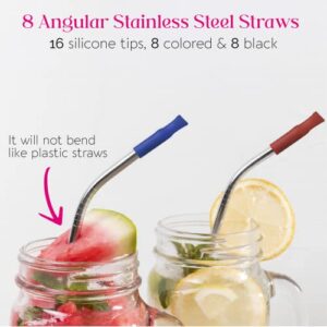 8-Pack Reusable Stainless Steel Straws with Colored & Black Silicone Tips, Straw Cleaner Brush and Polyester Bag, Reusable Straws for Tumblers & Mason Jars