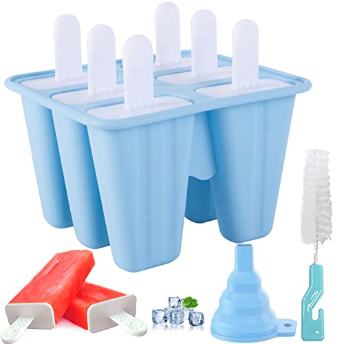 Silicone Popsicle Molds, 6 Pieces Ice Pop Molds, BPA Free Popsicle Mold Reusable Easy Release Ice Pop Maker, Popsicle Mould with Cleaning Brush and Silicone Funnel, Popsicle Molds Blue