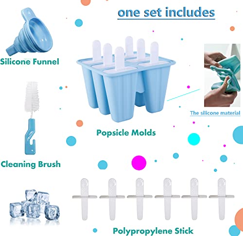 Silicone Popsicle Molds, 6 Pieces Ice Pop Molds, BPA Free Popsicle Mold Reusable Easy Release Ice Pop Maker, Popsicle Mould with Cleaning Brush and Silicone Funnel, Popsicle Molds Blue