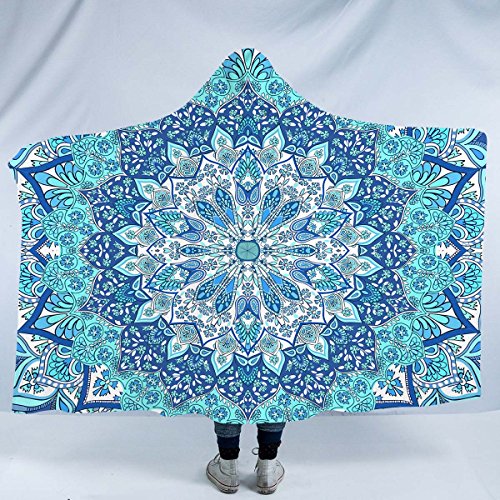 Sleepwish Turquoise Teal Fleece Blanket Bohemian Mandala Hooded Blanket Paisley Floral Sherpa Blanket Boho Blanket with Hood (Adults 60"x 80")