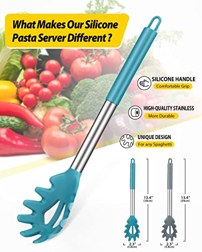 Pack of 2 Silicone Pasta Fork, Kitchen Heat Resistant Noodle Spoon Server, BPA Free Spaghetti Strainer,Best Cooking Tools (Gray-Blue)