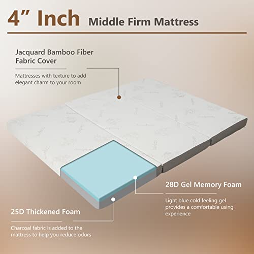 GOFLAME Memory Foam Tri-Fold Mattress, 4” Foldable Floor Mattress with Storage Bag & Removable Cover, Cool Gel Memory Mattress with Bamboo Fabric for Guest Room, Living Room, RV, Camp (Queen)