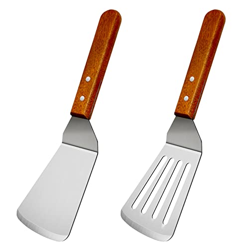 KLAQQED 2Pcs Metal Spatulas Set, Metal Spatula for Cast Iron Skillet, Cooking Utensils Fish Egg Grill Spatula Stainless Steel Slotted Spatula, Wok Flat Top Small Metal Spatula Turner with Wood Handle