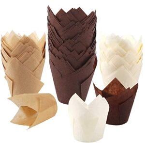 bakhuk 200pcs tulip cupcake baking cups, muffin baking liners holders, rustic cupcake wrapper, brown, white and nature color