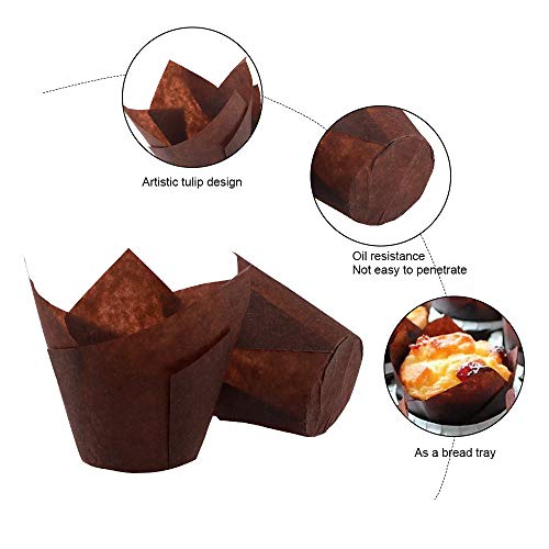 BAKHUK 200pcs Tulip Cupcake Baking Cups, Muffin Baking Liners Holders, Rustic Cupcake Wrapper, Brown, White and Nature Color