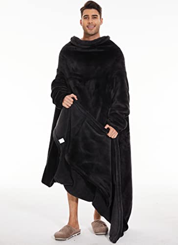 TITIZLK Wearable Blanket Adult, Super Soft Faux Fur Throw Blanket, 61x80, with a Foot Pocket, Large, Blanket with Sleeves, (Black, 62x80)