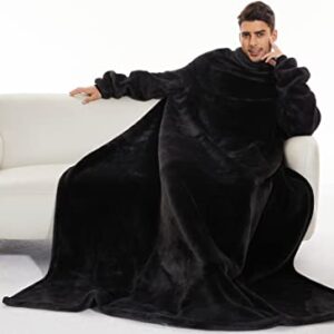 TITIZLK Wearable Blanket Adult, Super Soft Faux Fur Throw Blanket, 61x80, with a Foot Pocket, Large, Blanket with Sleeves, (Black, 62x80)