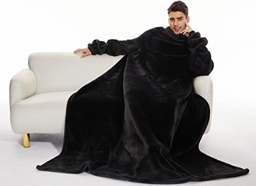 TITIZLK Wearable Blanket Adult, Super Soft Faux Fur Throw Blanket, 61x80, with a Foot Pocket, Large, Blanket with Sleeves, (Black, 62x80)