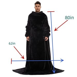 TITIZLK Wearable Blanket Adult, Super Soft Faux Fur Throw Blanket, 61x80, with a Foot Pocket, Large, Blanket with Sleeves, (Black, 62x80)