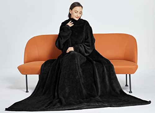 TITIZLK Wearable Blanket Adult, Super Soft Faux Fur Throw Blanket, 61x80, with a Foot Pocket, Large, Blanket with Sleeves, (Black, 62x80)