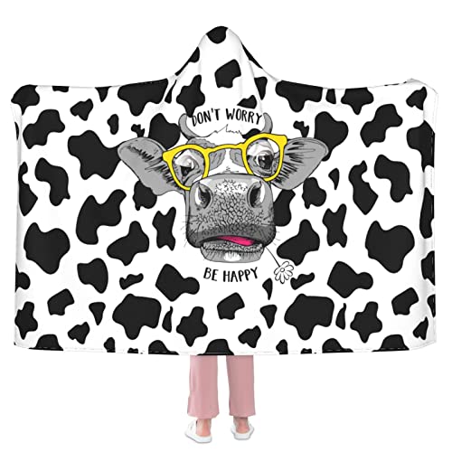 Cow Print Hooded Blanket Flannel Wearable Throw Blanket,Blanket Hoodie Warm Wearable Blanket Soft Fleece Throw Blankets Comfy Hoodie Blankets for Kids Adults