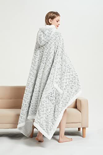 Chic Home Auburn Snuggle Hoodie Wavy Animal Pattern Robe Cozy Super Soft Ultra Plush Coral Fleece Sherpa Lined Wearable Blanket with 2 Pockets Hood Drawstring Button Closure, Silver-White, 51” x 71”