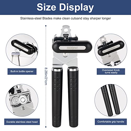 Can Opener, Can Opener Manual with Stainless Steel Sharp Blade - Smooth Edge & Ultra Sharp, Multifunctional Heavy Duty Handheld Can Opener with Anti-slip Hand Grip & Large Turning Knob (Black)