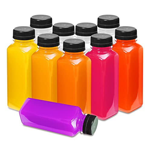 MANSHU 10 OZ Plastic Juice Bottles, Reusable Bulk Beverage Containers, with Black Tamper Evident Lids for Juice, Milk and Other Beverages 10Pcs.