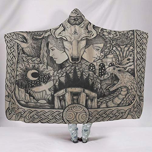 Traditional Viking Two Worlds Sketched Norse Man Animal Fantasy Print Hooded Blankets Magical Plush Sherpa Hood Poncho Cloak Cape Women Men Playing Games White 60x80 inch