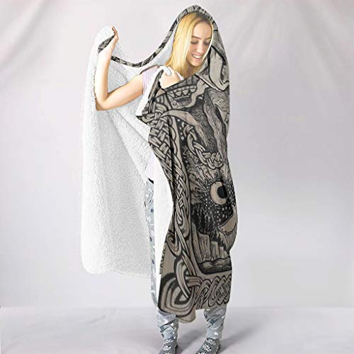 Traditional Viking Two Worlds Sketched Norse Man Animal Fantasy Print Hooded Blankets Magical Plush Sherpa Hood Poncho Cloak Cape Women Men Playing Games White 60x80 inch