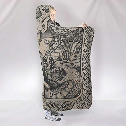 Traditional Viking Two Worlds Sketched Norse Man Animal Fantasy Print Hooded Blankets Magical Plush Sherpa Hood Poncho Cloak Cape Women Men Playing Games White 60x80 inch