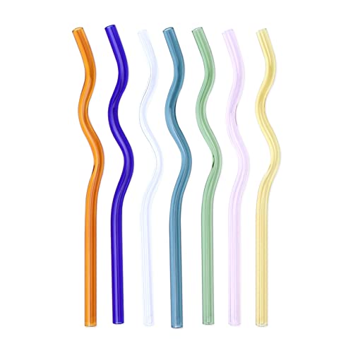 Nipogear 8*200mm wavy high borosilicate transparent colored high borosilicate glass straws for beverages, coffee, milk and tea straws. Seven-piece suit.