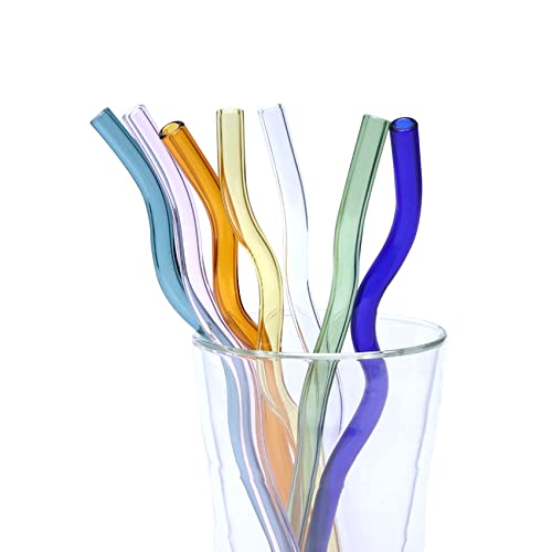 Nipogear 8*200mm wavy high borosilicate transparent colored high borosilicate glass straws for beverages, coffee, milk and tea straws. Seven-piece suit.