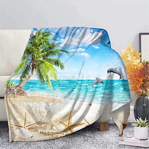 Forchrinse Seashell Starfish Tropical Palm Tree on Ocean Beach Throw Blanket,Soft Blanket Cozy Warm Fluffy Plush Blanket Microfiber