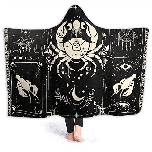 Zodiac Hooded Blanket Printed with Cancer Constellation Astrology Black Gold Throw Wearable Blanket Cute Soft Warm Cozy Shawl Gift for Women Wife Mother Sister Girl Adult 80"X60" L for Adult