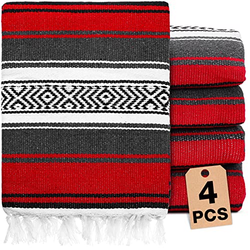 4 Pcs Mexican Blankets Bulk Handwoven Mexican Yoga Blanket Towel Colorful Falsa Serape Woven Throw Blanket Boho Mexican Beach Blankets for Outdoor Camping Beach Picnic Travel Home (Red)