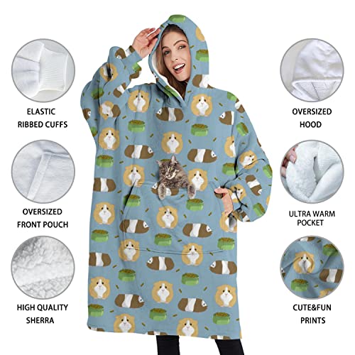 Oversized Wearable Blanket Hoodie Sweatshirt Guinea Pig Comfortable Flannel Blanket Sweater with Large Front Pocket for Women, Adult, Girls, Friend