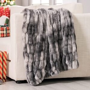 recyco soft rabbit faux fur throw blanket, luxurious ruched blanket for christmas holiday, couch, bed, living room, sofa. fuzzy, warm throw blanket with reversible mink velvet, marbled grey, 50"x60"