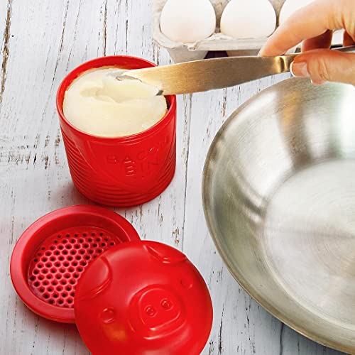 Talisman Designs Bacon Bin Grease Strainer & Collector | Family Friendly Kitchen Tools | Fun & Functional Silicone Grease Container | Holds up to 1 Cup | Red