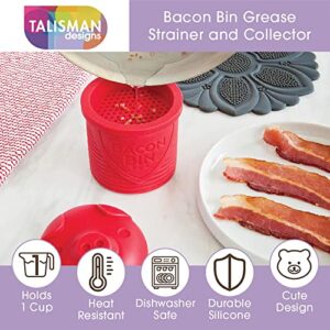 Talisman Designs Bacon Bin Grease Strainer & Collector | Family Friendly Kitchen Tools | Fun & Functional Silicone Grease Container | Holds up to 1 Cup | Red