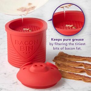 Talisman Designs Bacon Bin Grease Strainer & Collector | Family Friendly Kitchen Tools | Fun & Functional Silicone Grease Container | Holds up to 1 Cup | Red