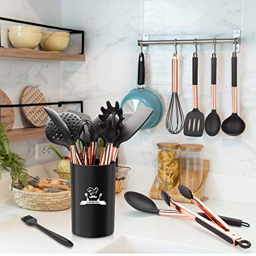 Silicone Cooking Utensil Set, 14pcs Kitchen Utensils Set Non-stick Heat Resistant Cookware Copper Stainless Steel Handle Cooking Tools Turner Tongs Spatula Spoon - BPA Free, Non Toxic