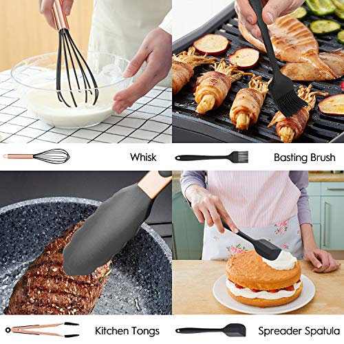 Silicone Cooking Utensil Set, 14pcs Kitchen Utensils Set Non-stick Heat Resistant Cookware Copper Stainless Steel Handle Cooking Tools Turner Tongs Spatula Spoon - BPA Free, Non Toxic