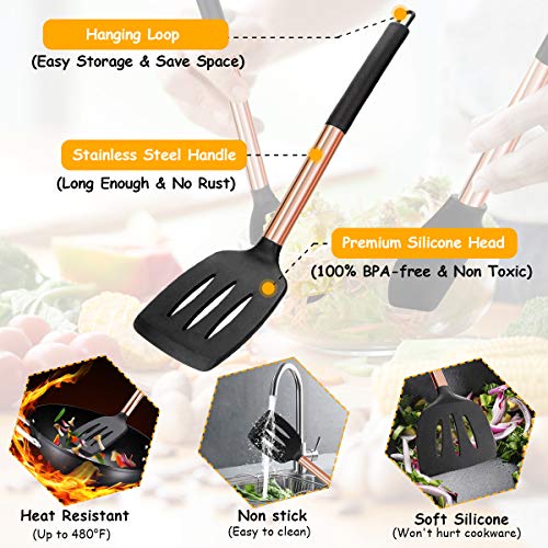 Silicone Cooking Utensil Set, 14pcs Kitchen Utensils Set Non-stick Heat Resistant Cookware Copper Stainless Steel Handle Cooking Tools Turner Tongs Spatula Spoon - BPA Free, Non Toxic