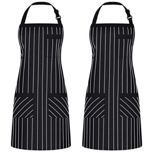 syntus 2 pack adjustable bib apron with 3 pockets cooking kitchen aprons for women men chef, black/white pinstripe