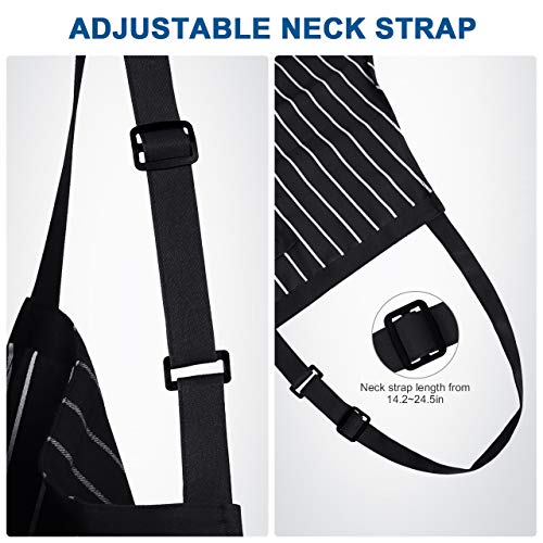 Syntus 2 Pack Adjustable Bib Apron with 3 Pockets Cooking Kitchen Aprons for Women Men Chef, Black/White Pinstripe