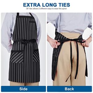 Syntus 2 Pack Adjustable Bib Apron with 3 Pockets Cooking Kitchen Aprons for Women Men Chef, Black/White Pinstripe