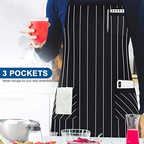 Syntus 2 Pack Adjustable Bib Apron with 3 Pockets Cooking Kitchen Aprons for Women Men Chef, Black/White Pinstripe