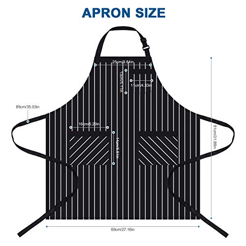 Syntus 2 Pack Adjustable Bib Apron with 3 Pockets Cooking Kitchen Aprons for Women Men Chef, Black/White Pinstripe