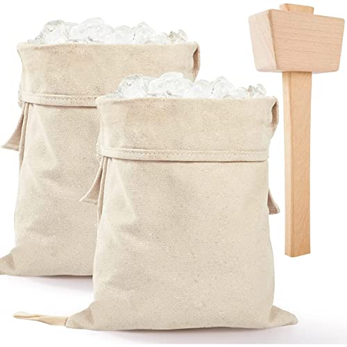 Pack of 2 Professional Lewis Bags and 1 Piece Ice Mallet Set-15.3 × 8.6 Inch Reusable Canvas Crushed Ice Bags with Wooden Mallet for Home Party Bar Kitchen Dried Ice Crushing