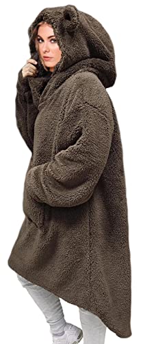 Furry fluffy women Blanket Hoodie Rabbit or Bear Fashion Animal Wearable Blankets Hoodies Sweater Blanket Sweatshirt Soft Cozy Oversized Warm Fleece sherpa Blanket Jacket (coffee bear)