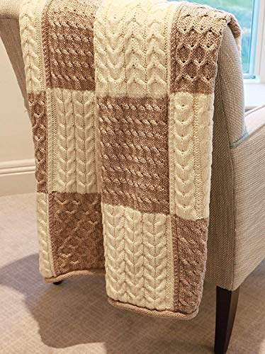 Aran Woollen Mills Patchwork Intarsia Merino Wool Irish Blanket,Wicker/White,One Size