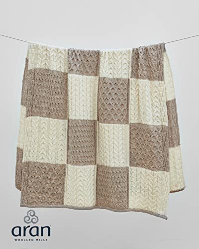 Aran Woollen Mills Patchwork Intarsia Merino Wool Irish Blanket,Wicker/White,One Size