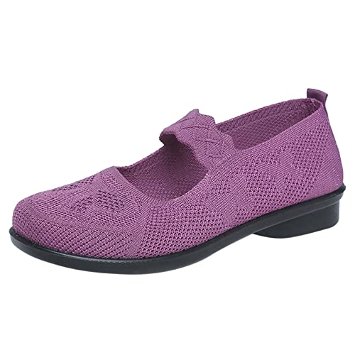 Fashion Spring and Summer Women Casual Shoes Flat Bottom Low Heel Round Toe Fly Woven Mesh Breathable Elastic Slip On Solid Color Womens Casual Sandals Heels (Purple, 6.5)