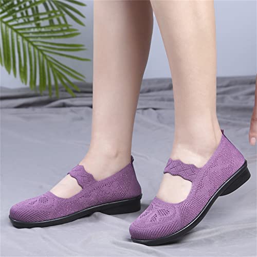 Fashion Spring and Summer Women Casual Shoes Flat Bottom Low Heel Round Toe Fly Woven Mesh Breathable Elastic Slip On Solid Color Womens Casual Sandals Heels (Purple, 6.5)