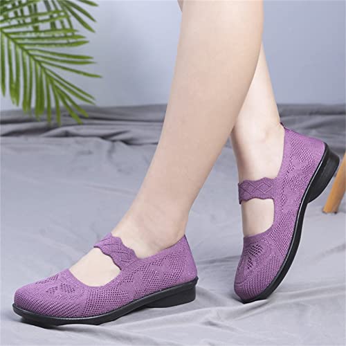 Fashion Spring and Summer Women Casual Shoes Flat Bottom Low Heel Round Toe Fly Woven Mesh Breathable Elastic Slip On Solid Color Womens Casual Sandals Heels (Purple, 6.5)