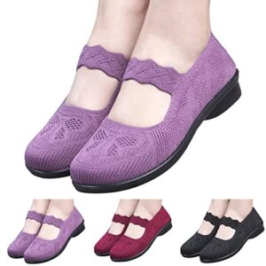 Fashion Spring and Summer Women Casual Shoes Flat Bottom Low Heel Round Toe Fly Woven Mesh Breathable Elastic Slip On Solid Color Womens Casual Sandals Heels (Purple, 6.5)